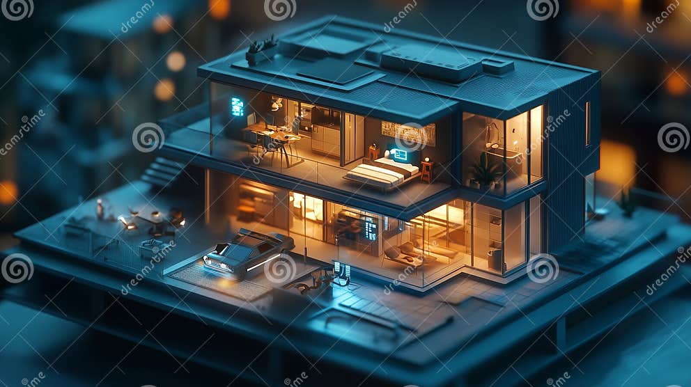 Modern Luxury Smart Home Night View Architectural Model Design 3d Car ...