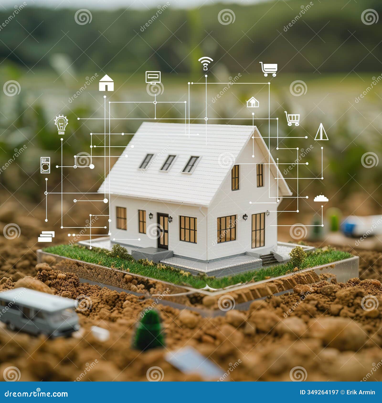 Smart Home Model on Soil with Icons Stock Illustration - Illustration ...