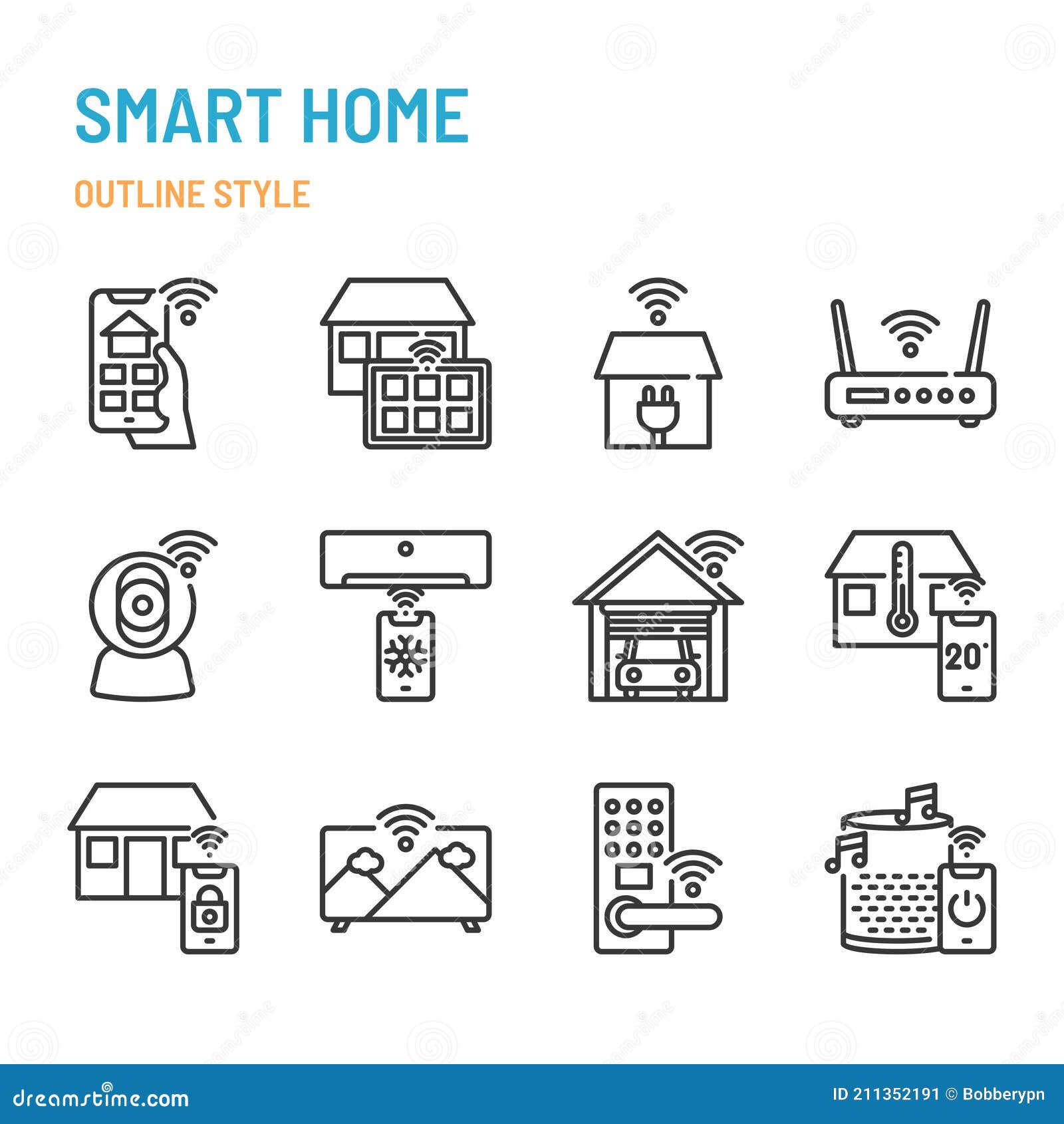 Smart Home Related in Outline Icon and Symbol Set Stock Vector ...