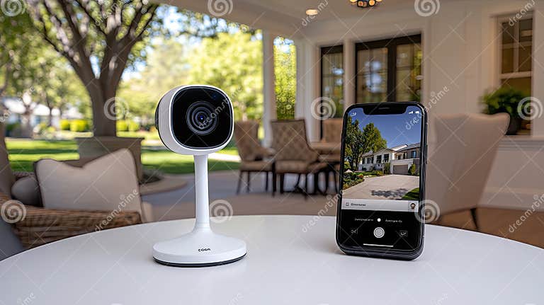 Smart Home Security Camera and Sleek Smartphone on Table in a Bright ... Smart Home Security Camera and Sleek Smartphone on Table in a Bright ...