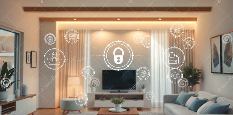 Smart Home Security System Interface with Digital Icons Floating in ...