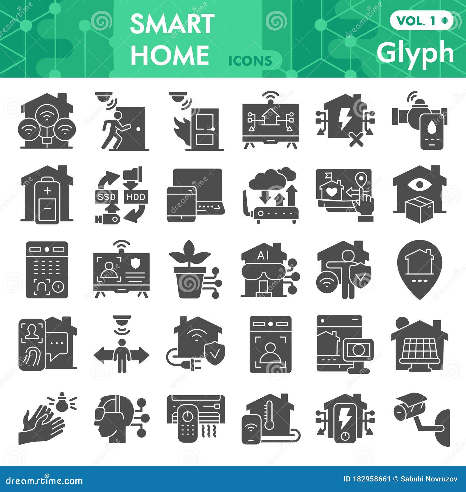 Smart Home Solid Icon Set, Smart House Symbols Set Collection or Vector ...