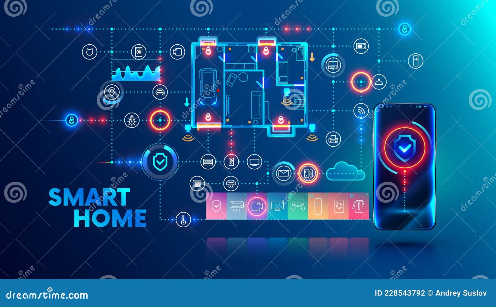 Smart Home System Concept. Phone Controls House Appliances and Security ...