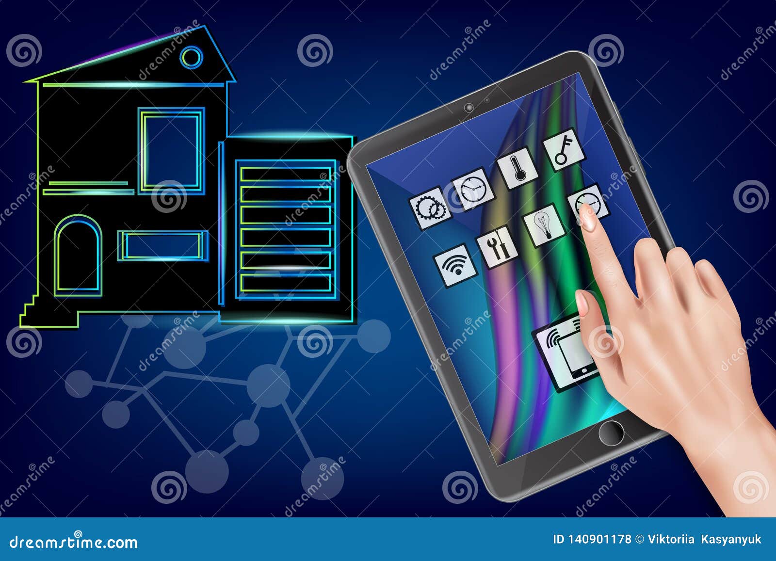 Home Protection Wireless System. Hand Touching on Tablet Screen Stock ...