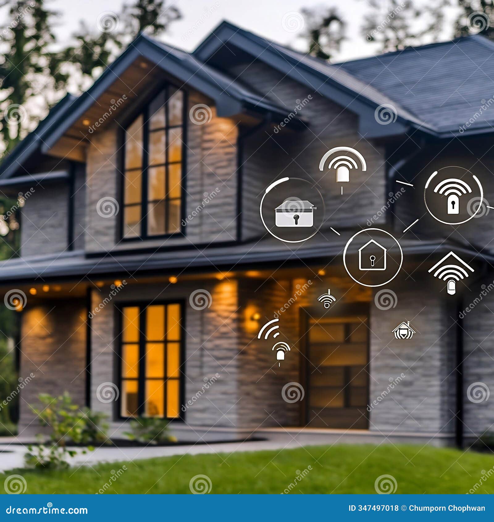 Smart Home Technology Automation with Exterior View of Modern House ...