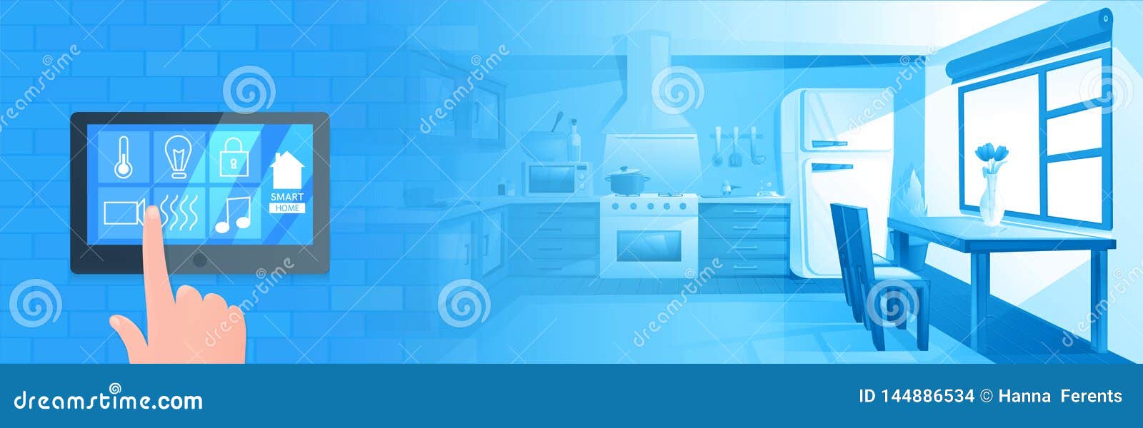 Smart Home Technology Banner. Digital Screen on Wall. Vector Cartoon ...