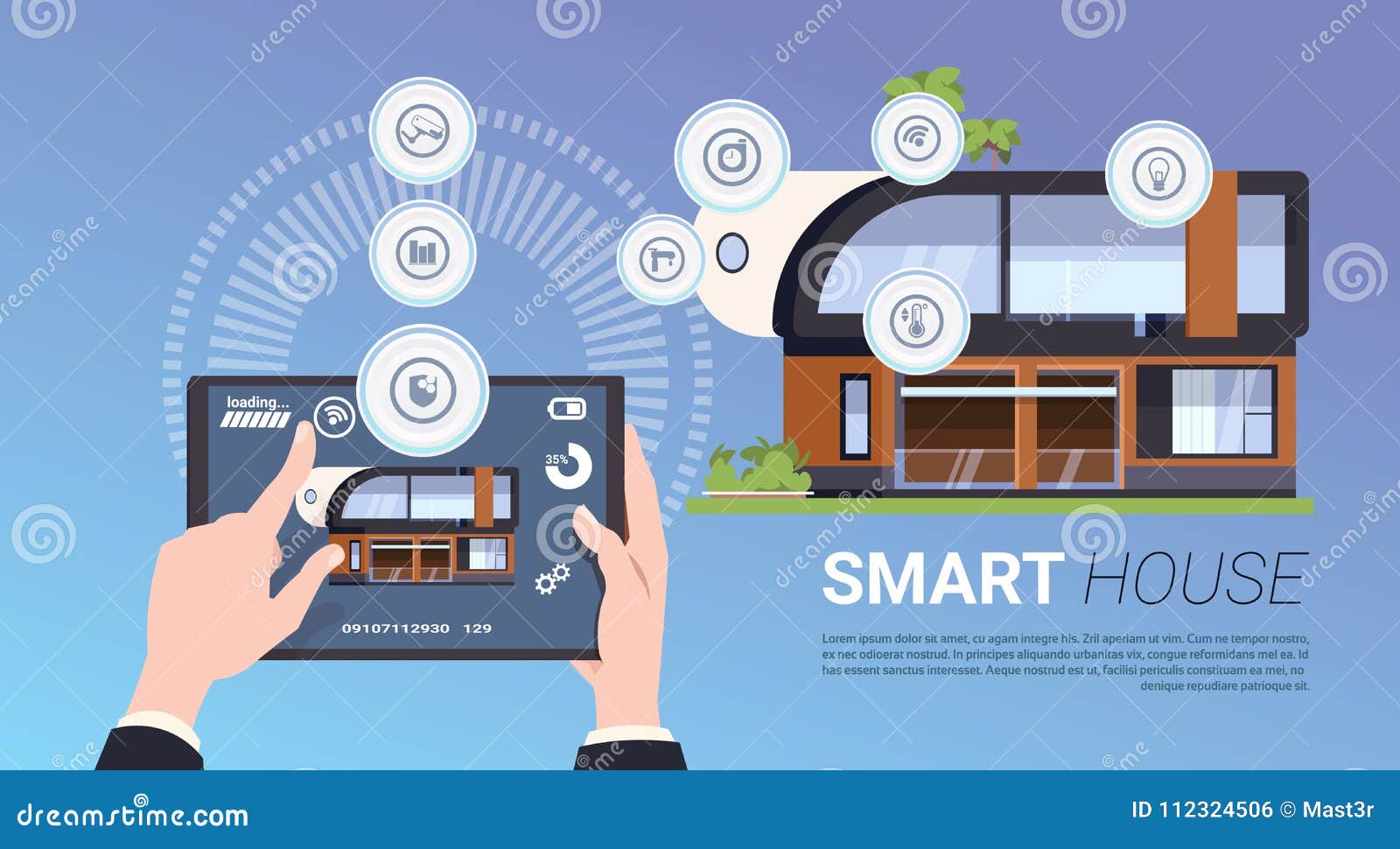 Smart Home Technology Banner with Hands Holding Digital Tablet Device ...
