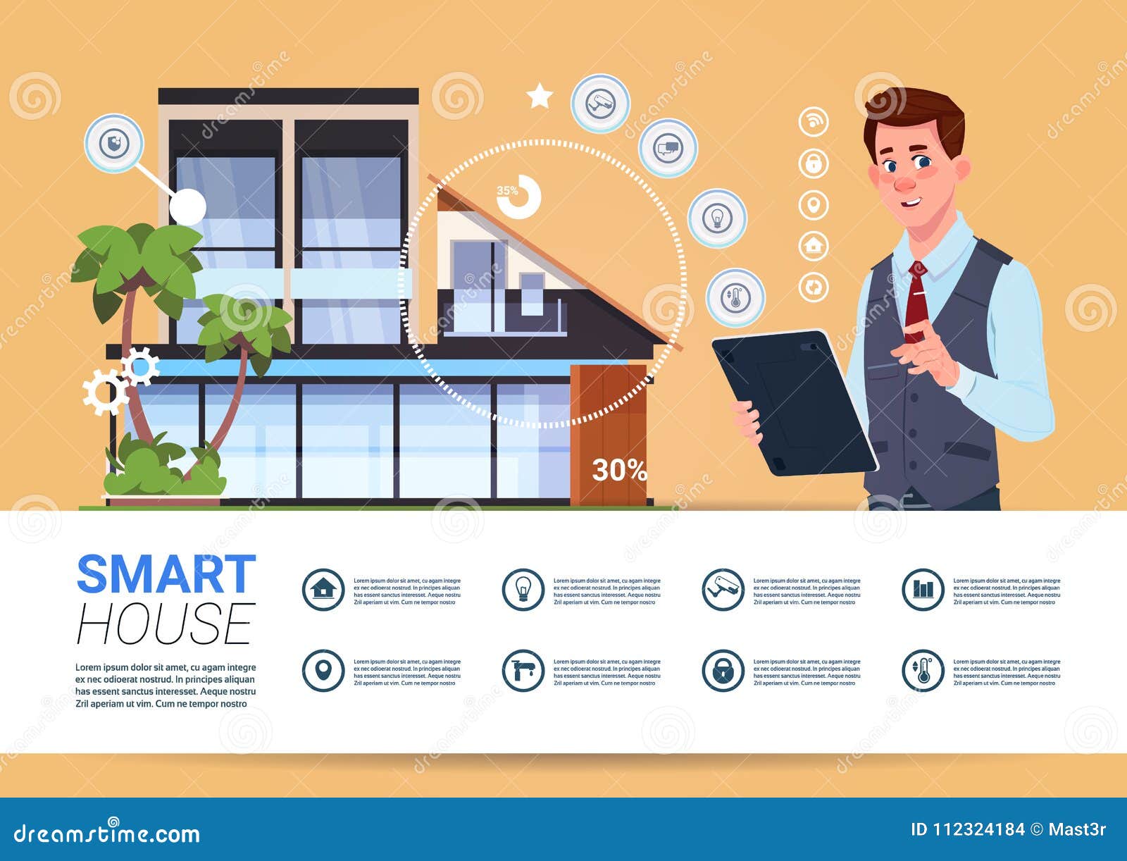 Smart Home Technology Banner with Man Holding Digital Tablet Device ...