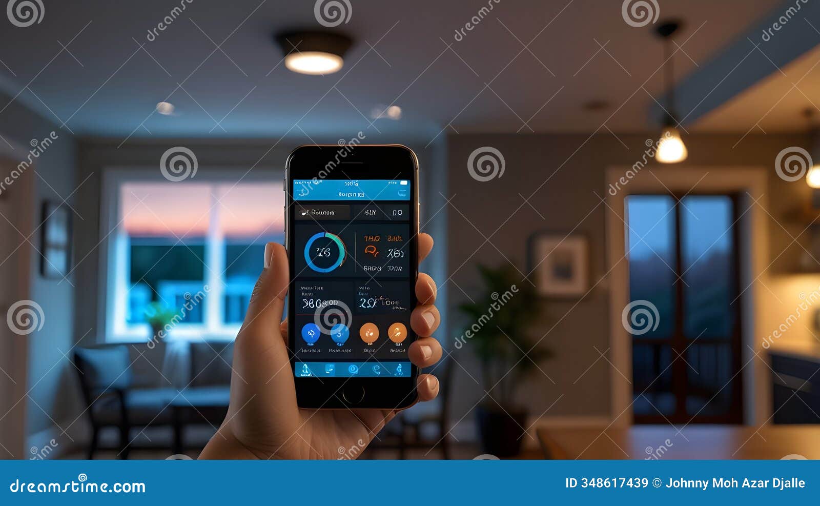 Smart Home Technology Interface Controlling Lights and Temperature on a Smartphone Screen Stock ...