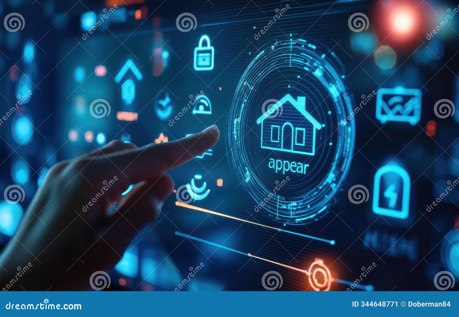 Smart Home Technology Interface Showing Hand Interacting with Virtual ...