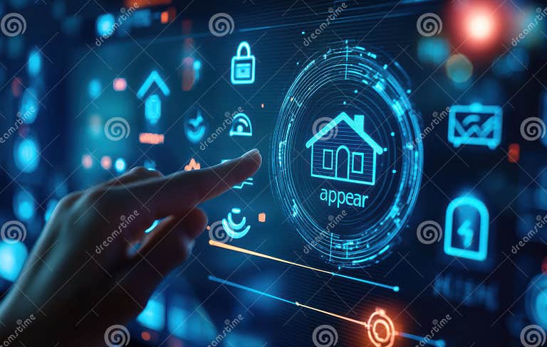 Smart Home Technology Interface Showing Hand Interacting with Virtual ...