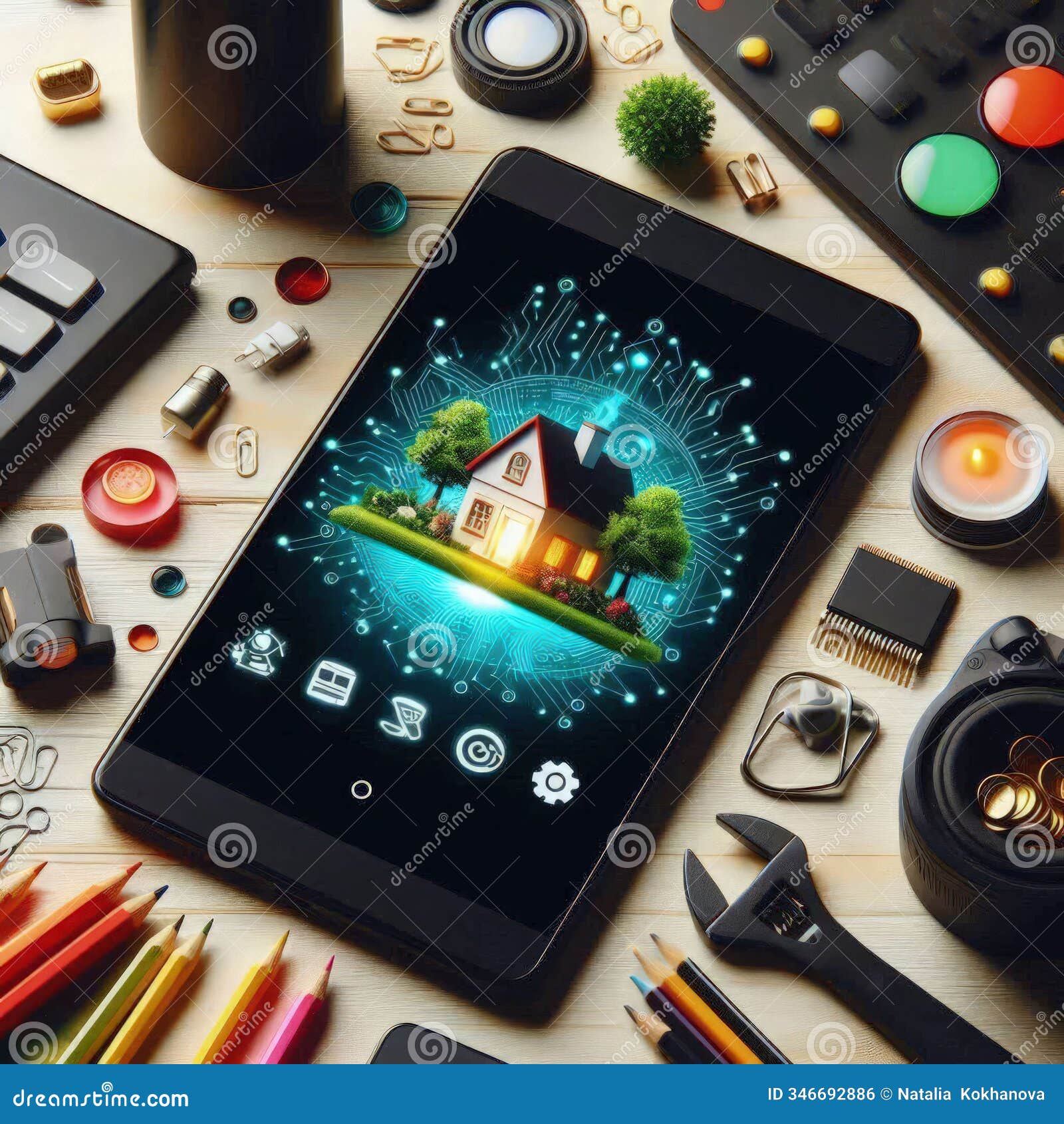 Smart Home Technology. Phone with a Picture of the House and Working ...