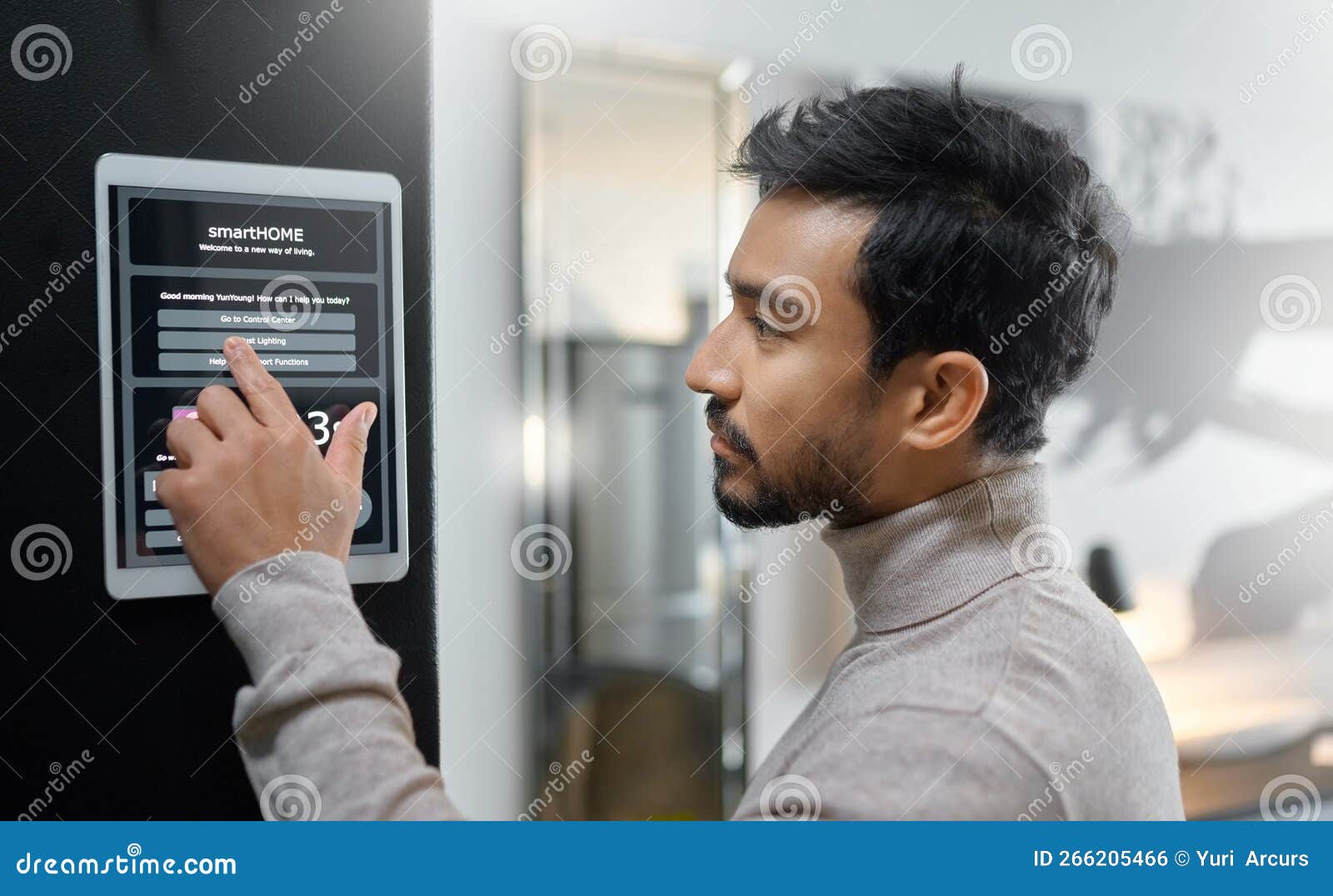 Smart Home Wall System, Technology and Man with Digital Screen ...