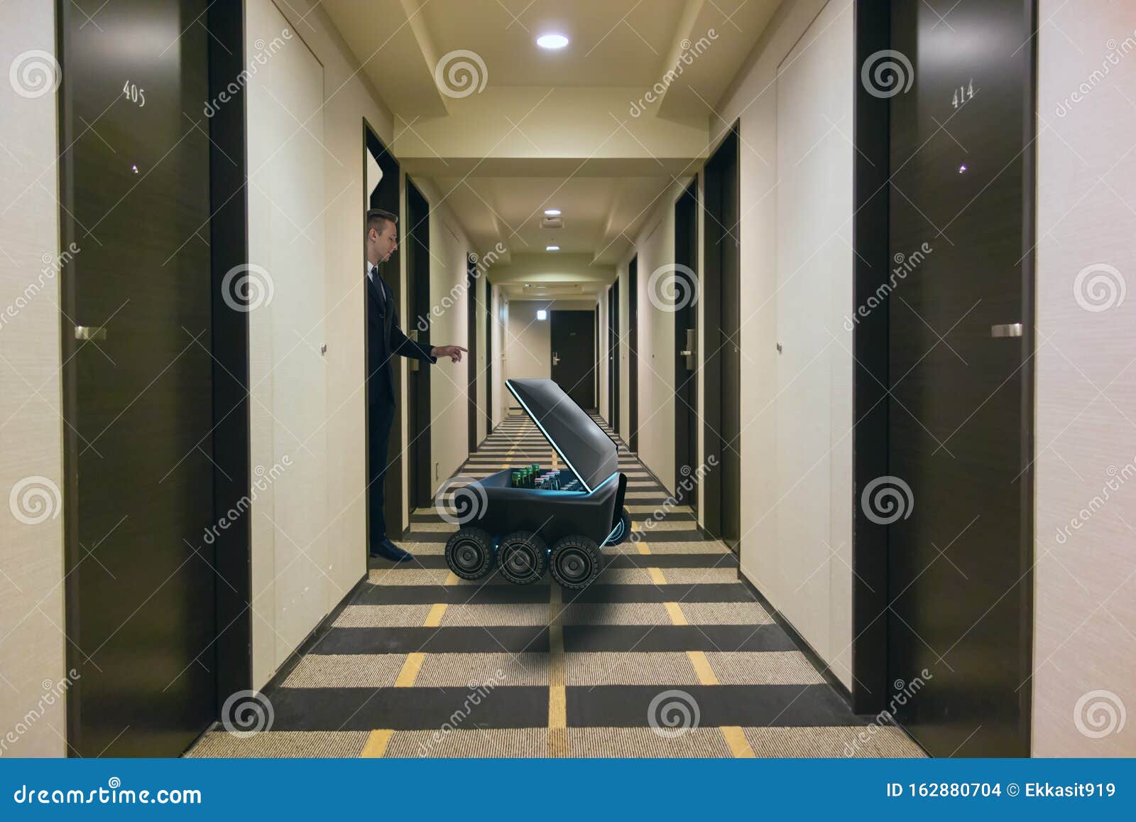 Smart Hotel In Hospitality Industry 40 Technology Concept Robot Butler Robot Assistant Use For