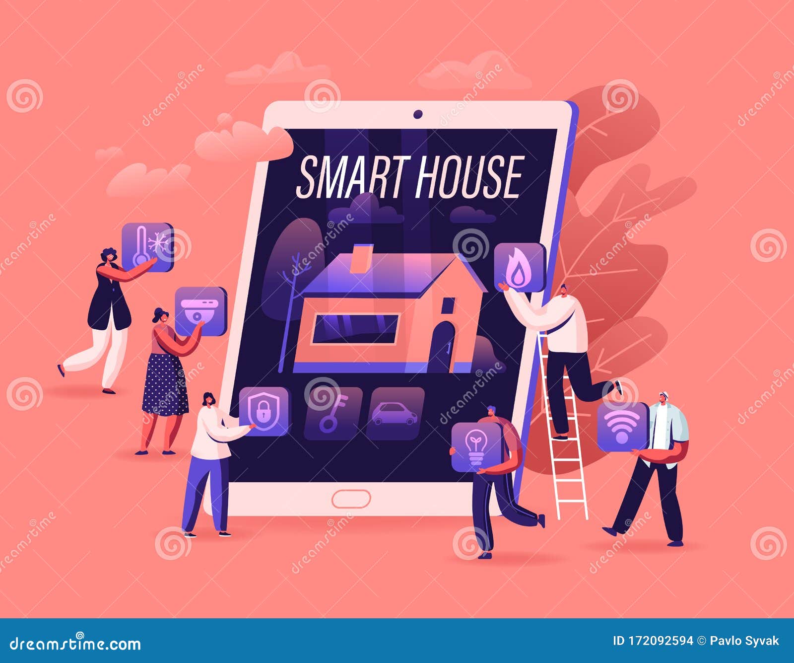 Smart House App Concept. People at Huge Tablet with Image of Building ...