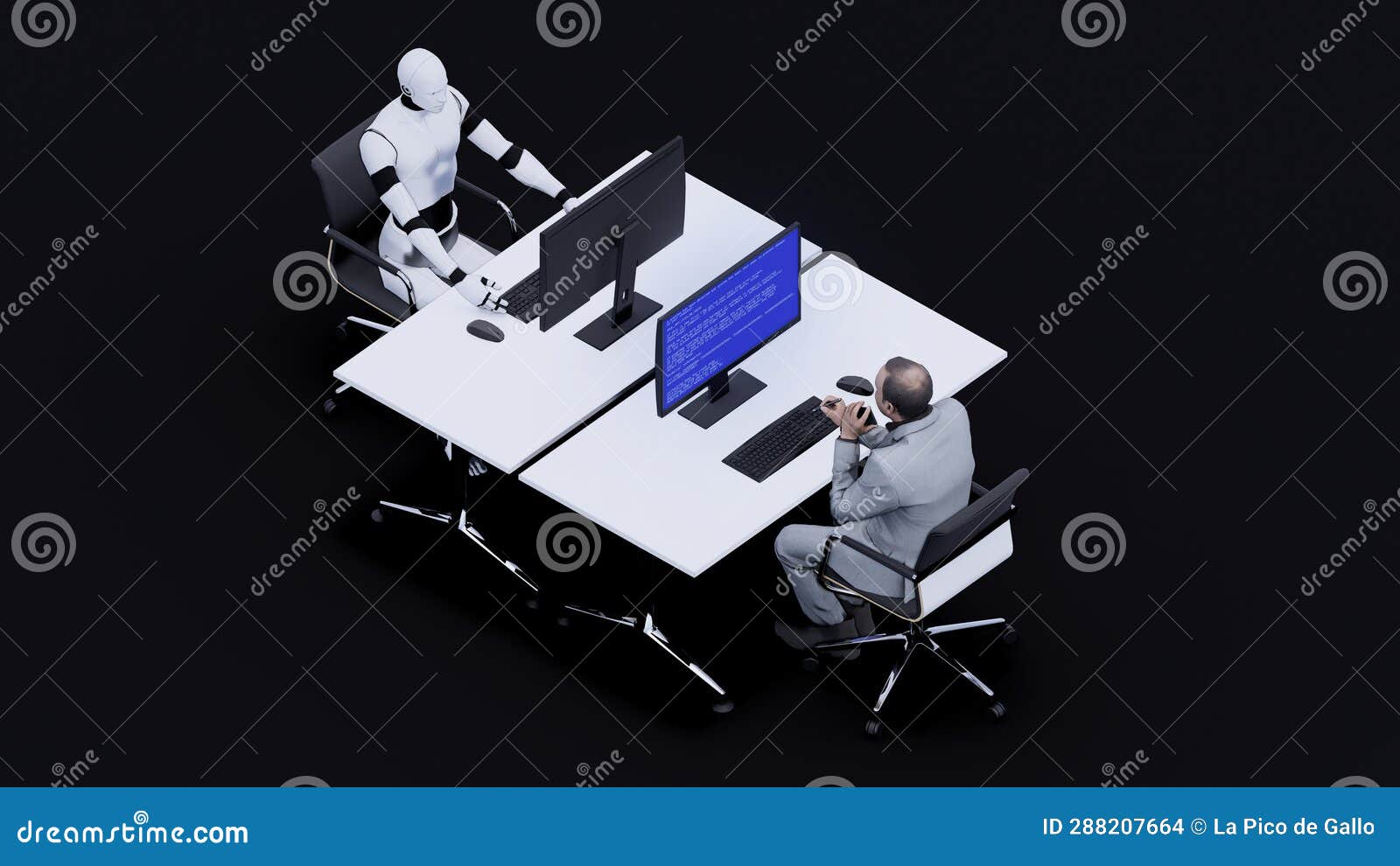 Smart Humanoid AI Cyborg Machine Sitting in Front of PC and Working Man ...
