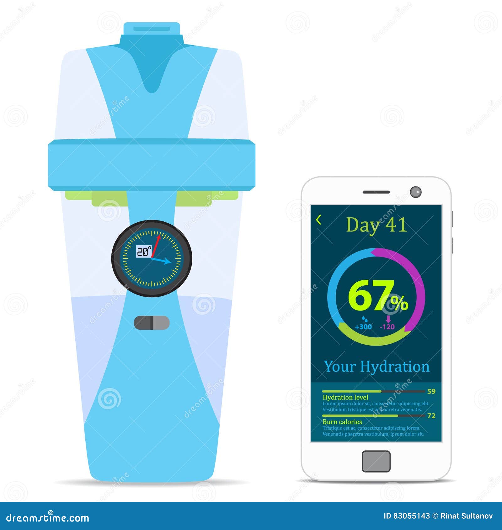 Smart Hydrate Bottle with Filter, Smartphone, Wireless Device. Flat ...