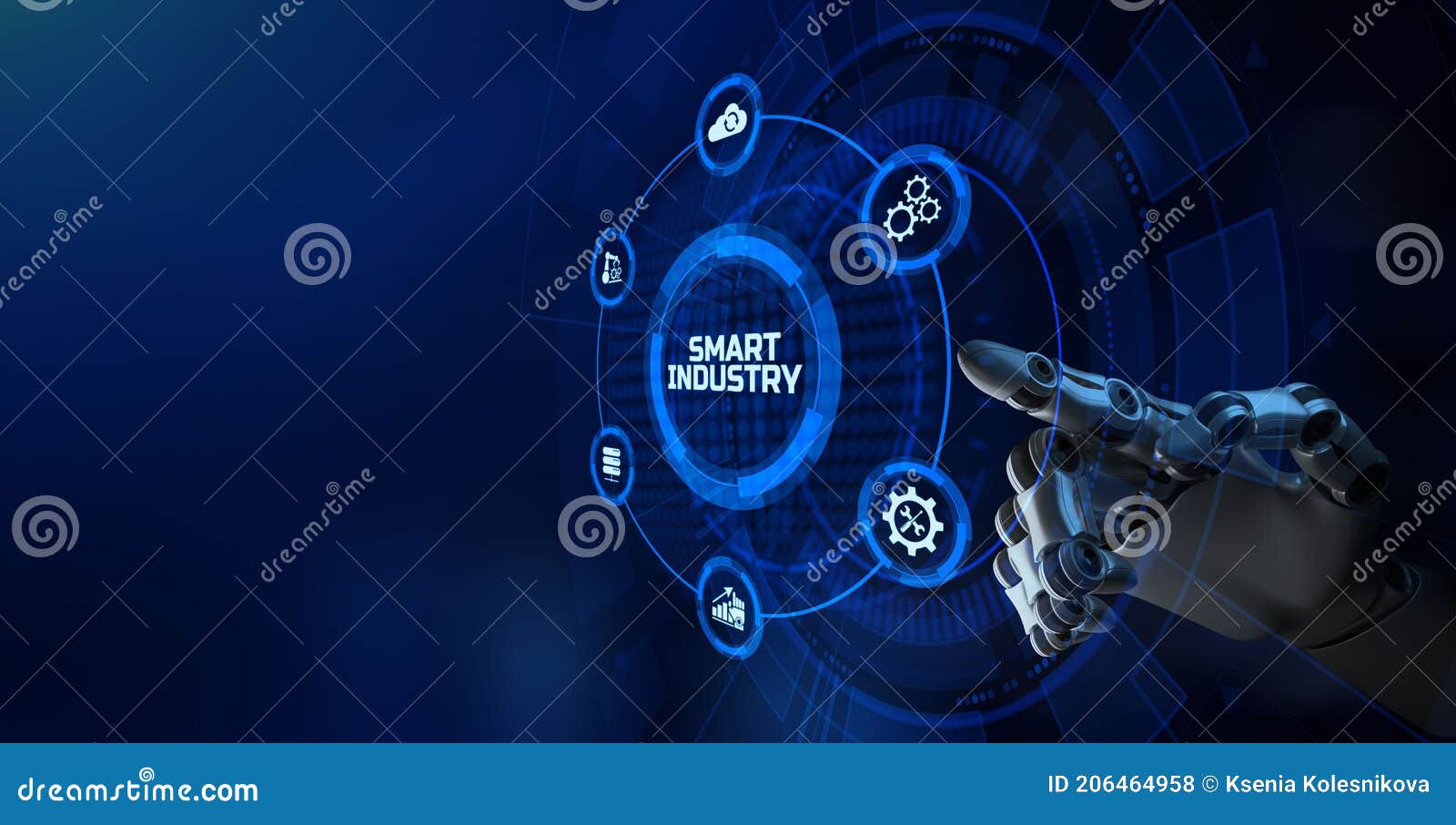 Smart Industry Innovation Technology Concept on Screen. Robotic Arm 3d ...