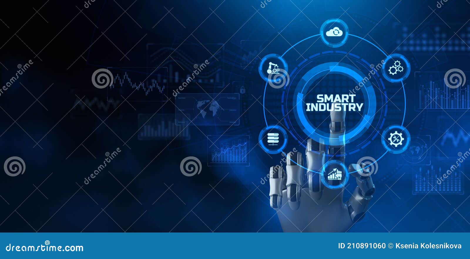 Smart Industry Innovation Technology Concept on Screen. Robotic Arm 3d ...