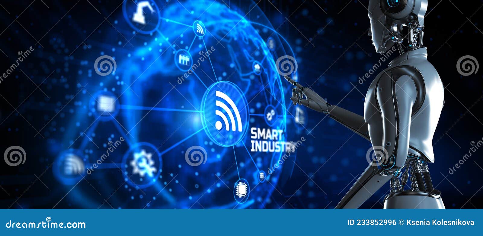 Smart Industry Technology Concept. Robot Pressing Button on Screen 3d ...