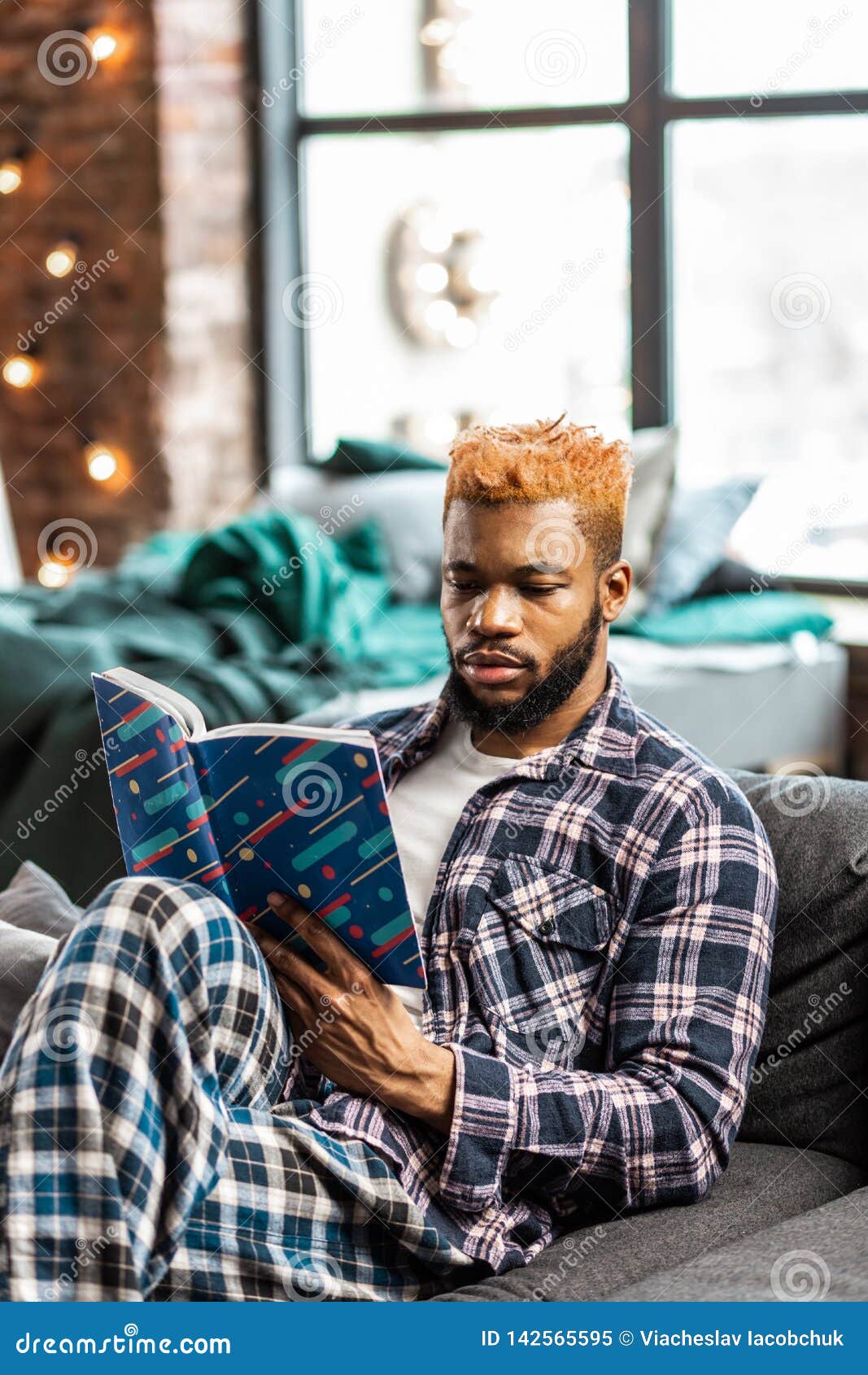 Smart Intelligent Man Reading a Book on the Sofa Stock Image - Image of ...