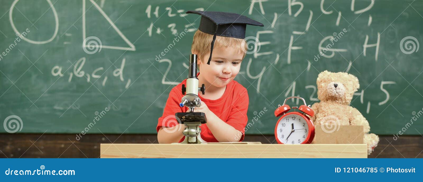 Smart Kid Concept. Child on Happy Face Holds Microscope. First Former ...