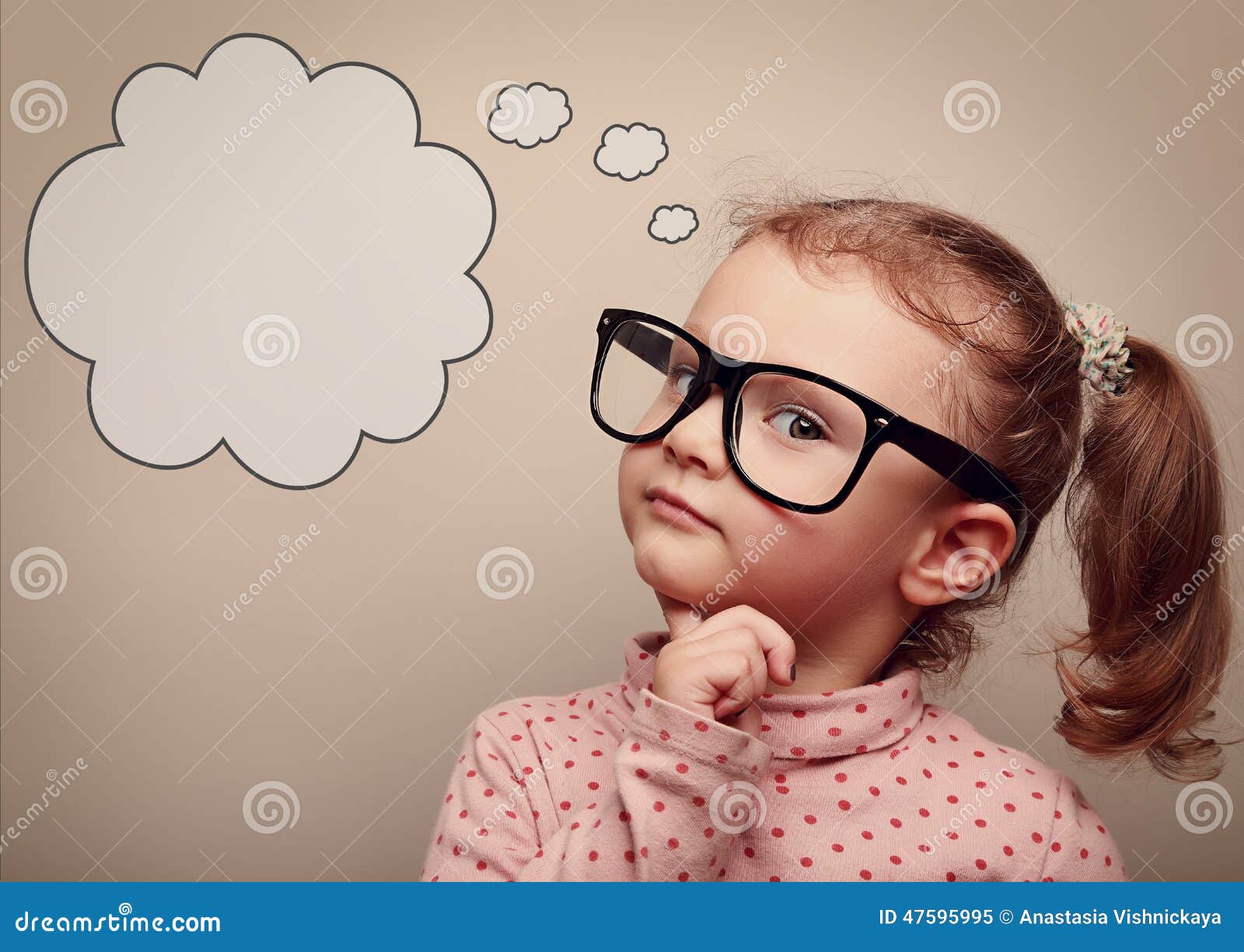 Smart Kid in Glasses Thinking with Speech Bubble Above. Vintage Stock ...