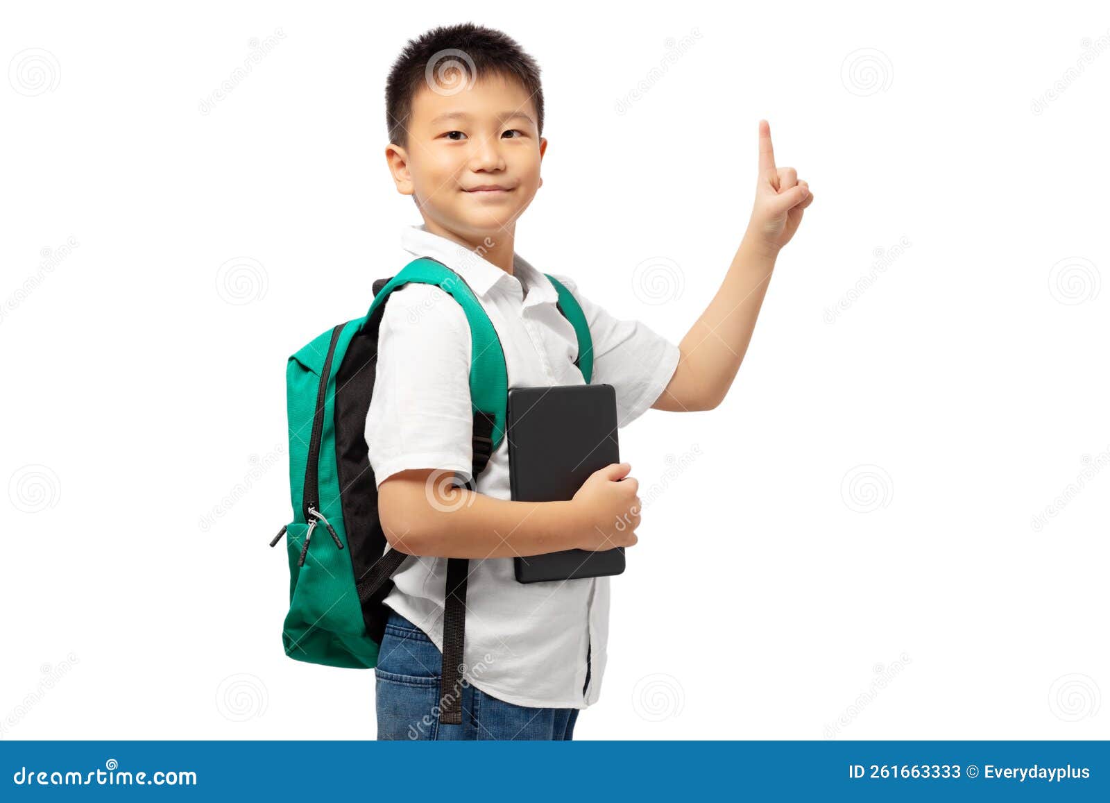 Smart Kid with School Backpack, Finger Pointing Up To Show and Present ...