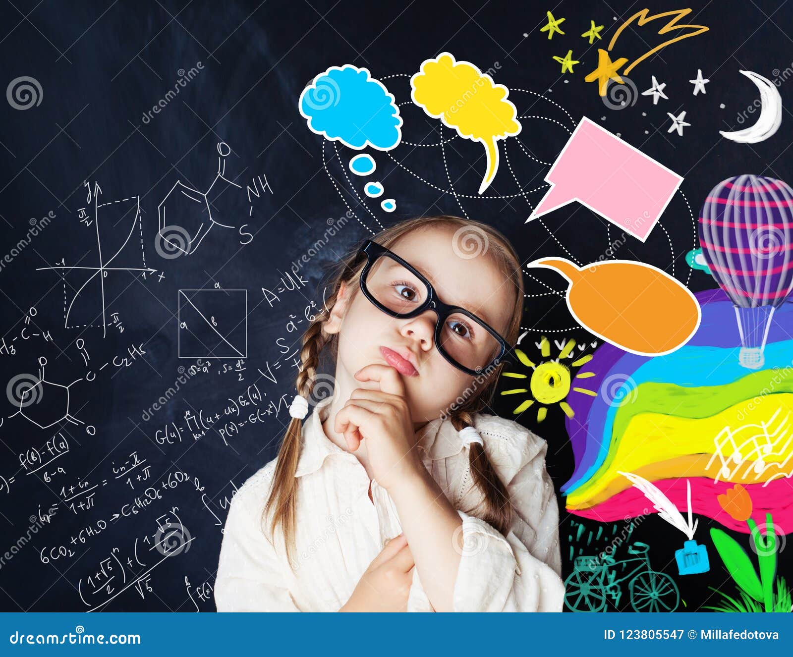 Smart Kid with Speech Bubbles and Colorful Creative Elements Stock ...