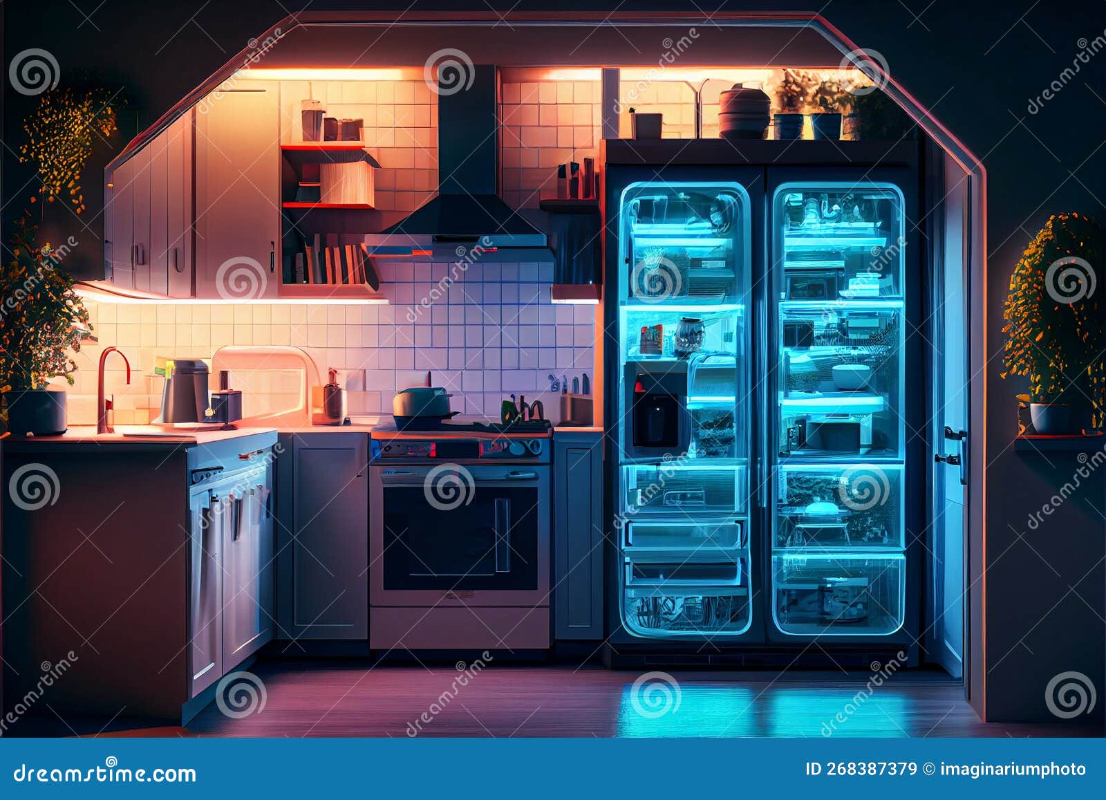 Smart Kitchen Interior with Neon Lights Stock Illustration ...
