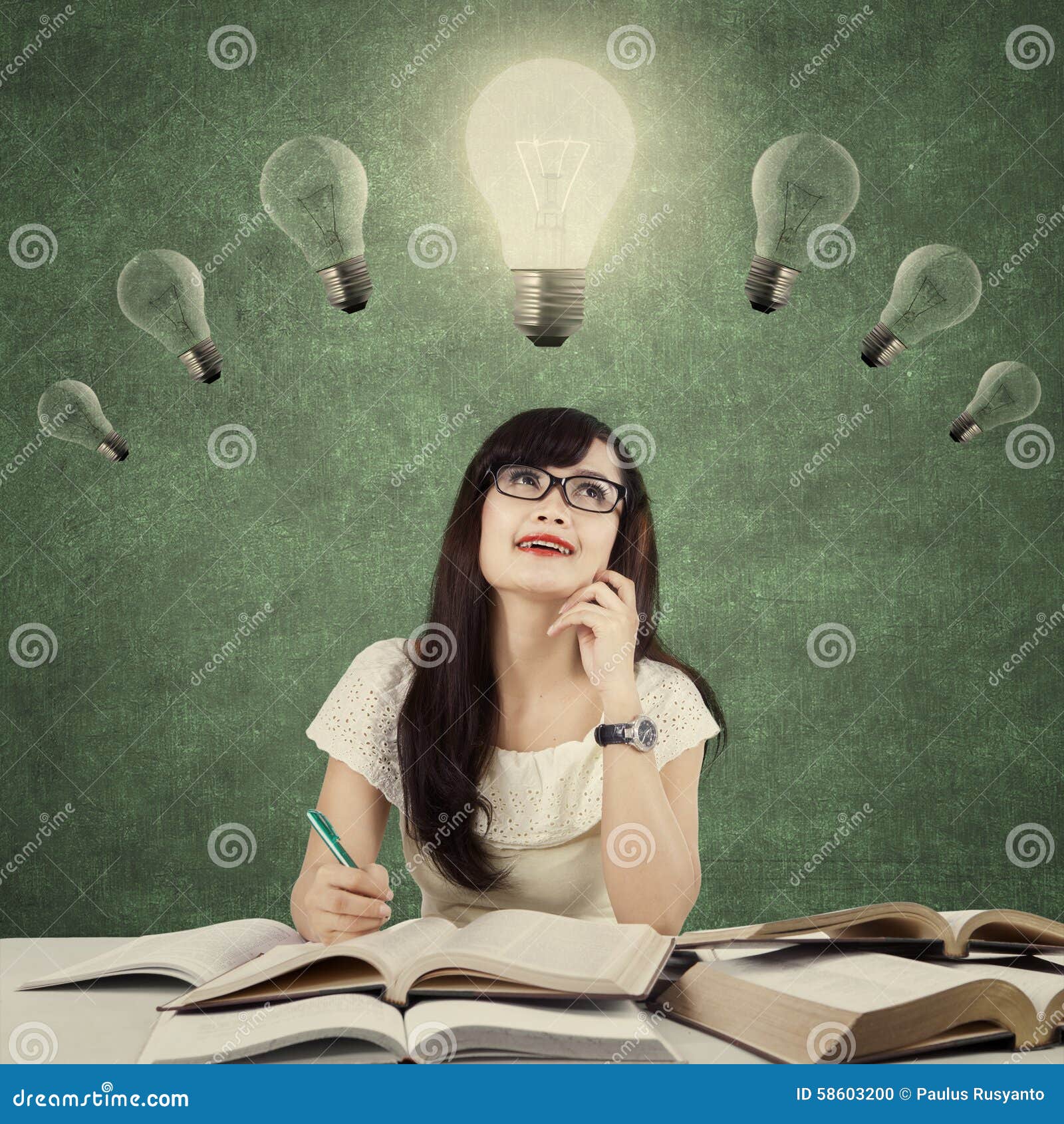 Smart Learner Sitting Under Light Bulb Stock Photo - Image of adult ...