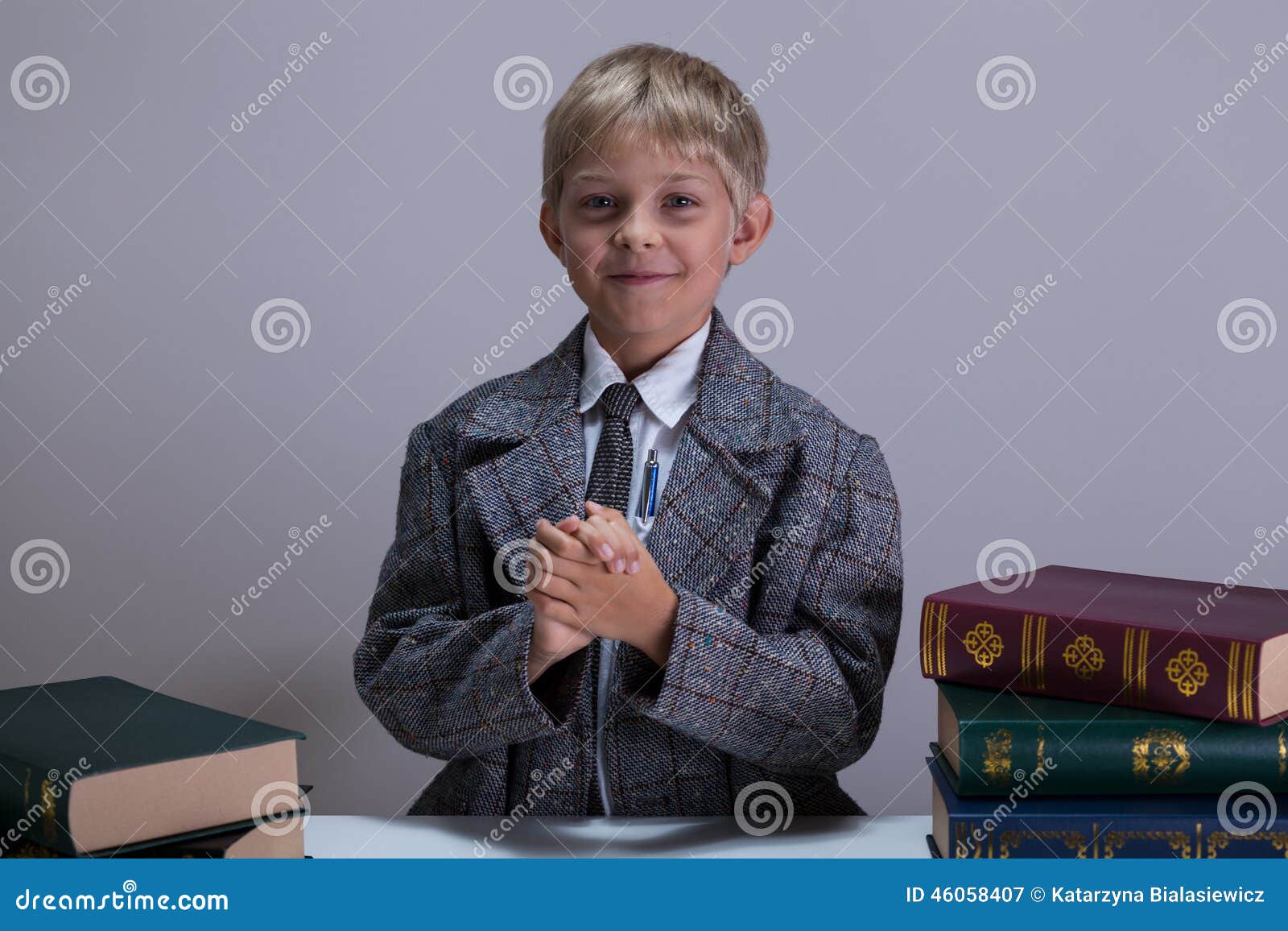 Smart Little Boy With Serious Thinking Face The White Background. Stock ...