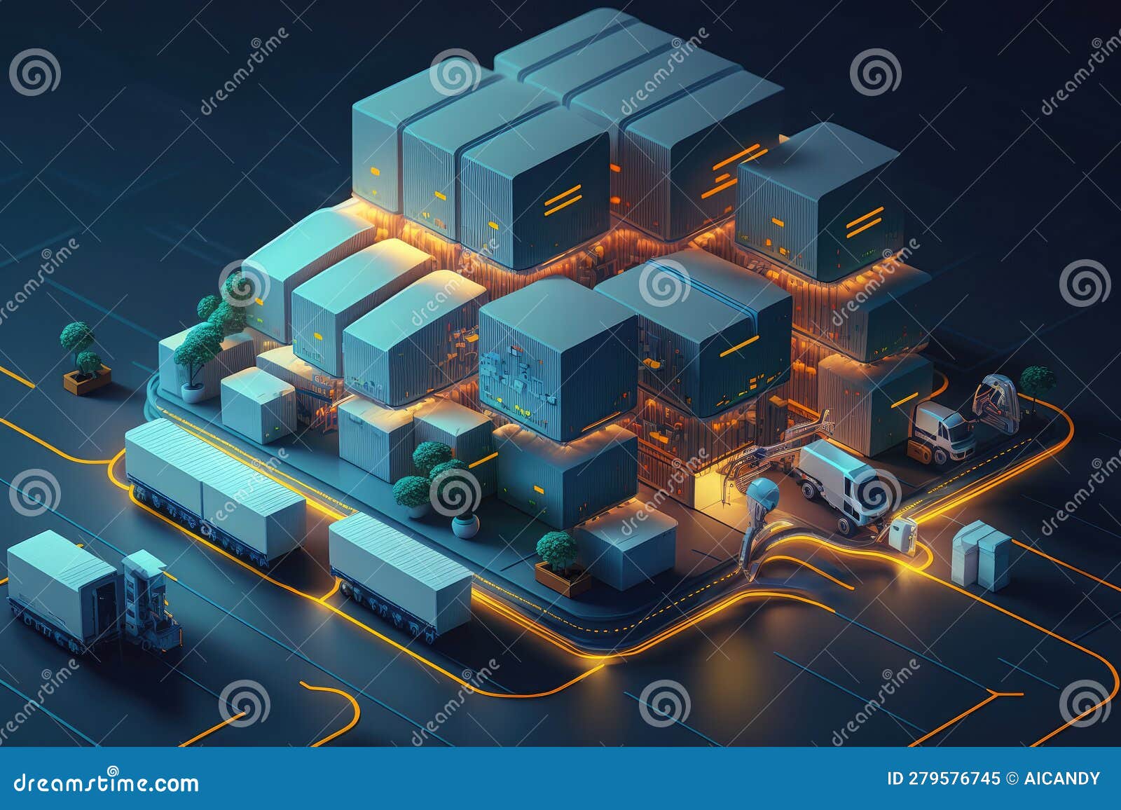 Smart Logistics Abstract 3D Rendering of a Smart Logistics Center with ...