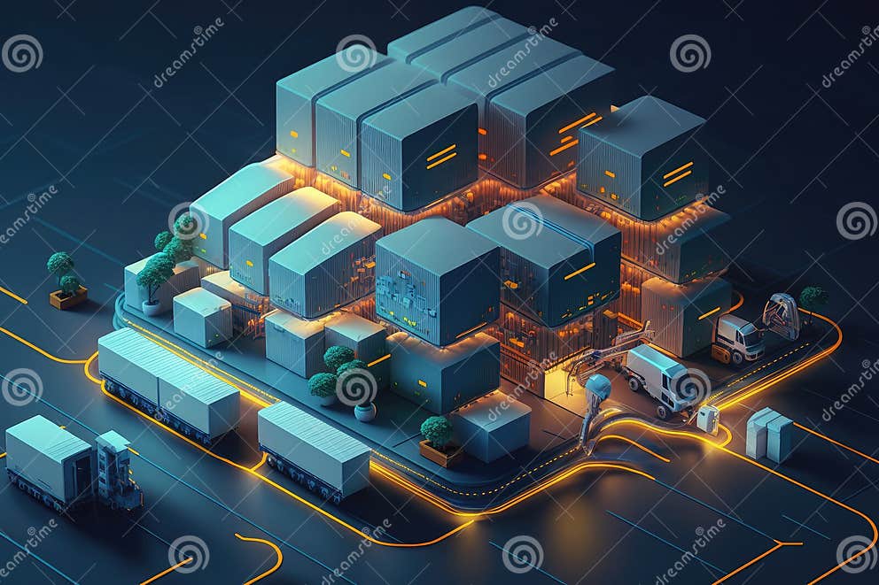 Smart Logistics Abstract 3D Rendering of a Smart Logistics Center with ...
