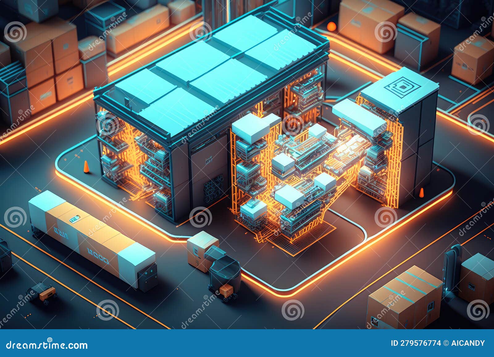 Smart Logistics Abstract 3D Rendering of a Smart Logistics Center with ...