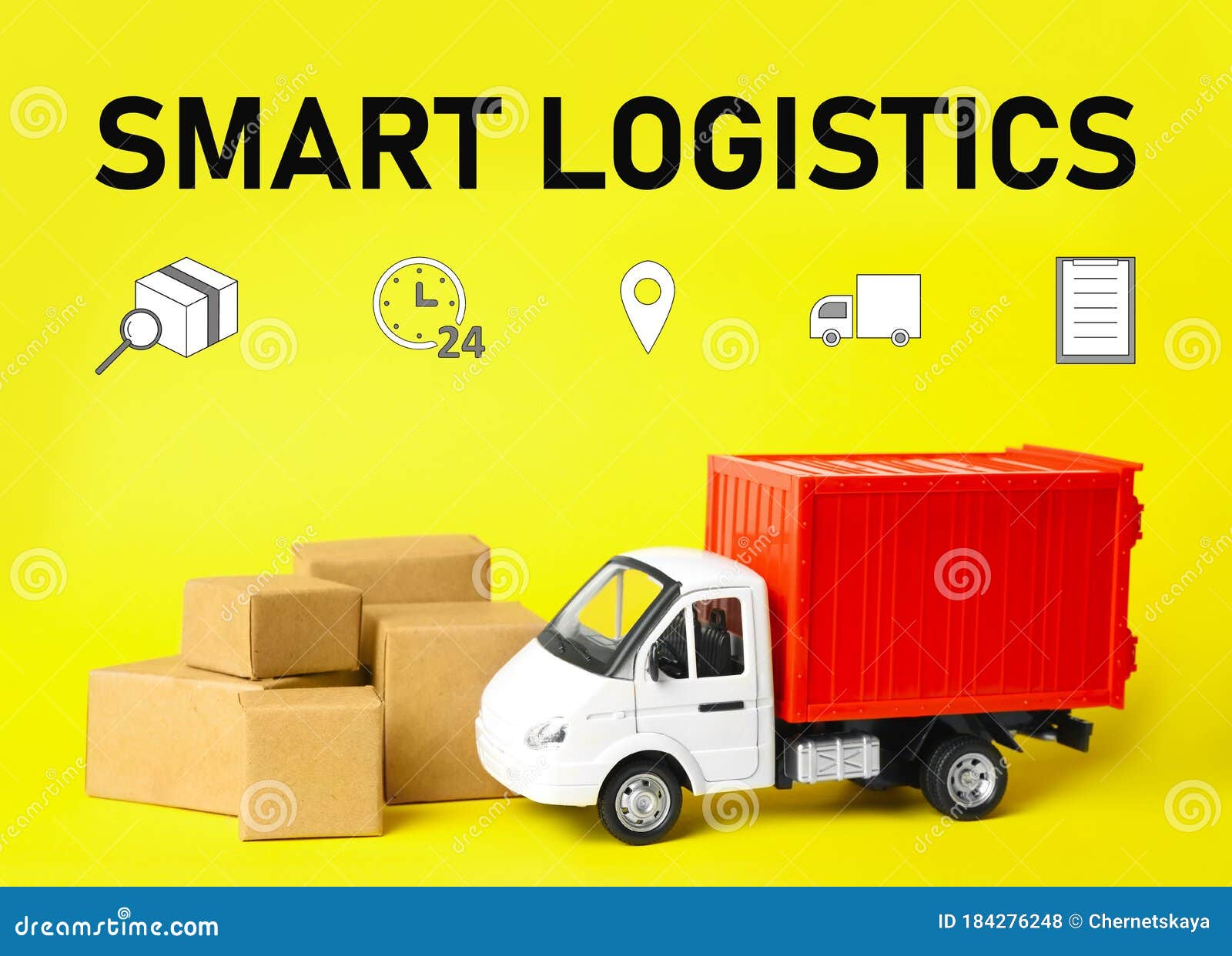 Smart Logistics Concept. Truck With Boxes And Icons On Background Stock ...