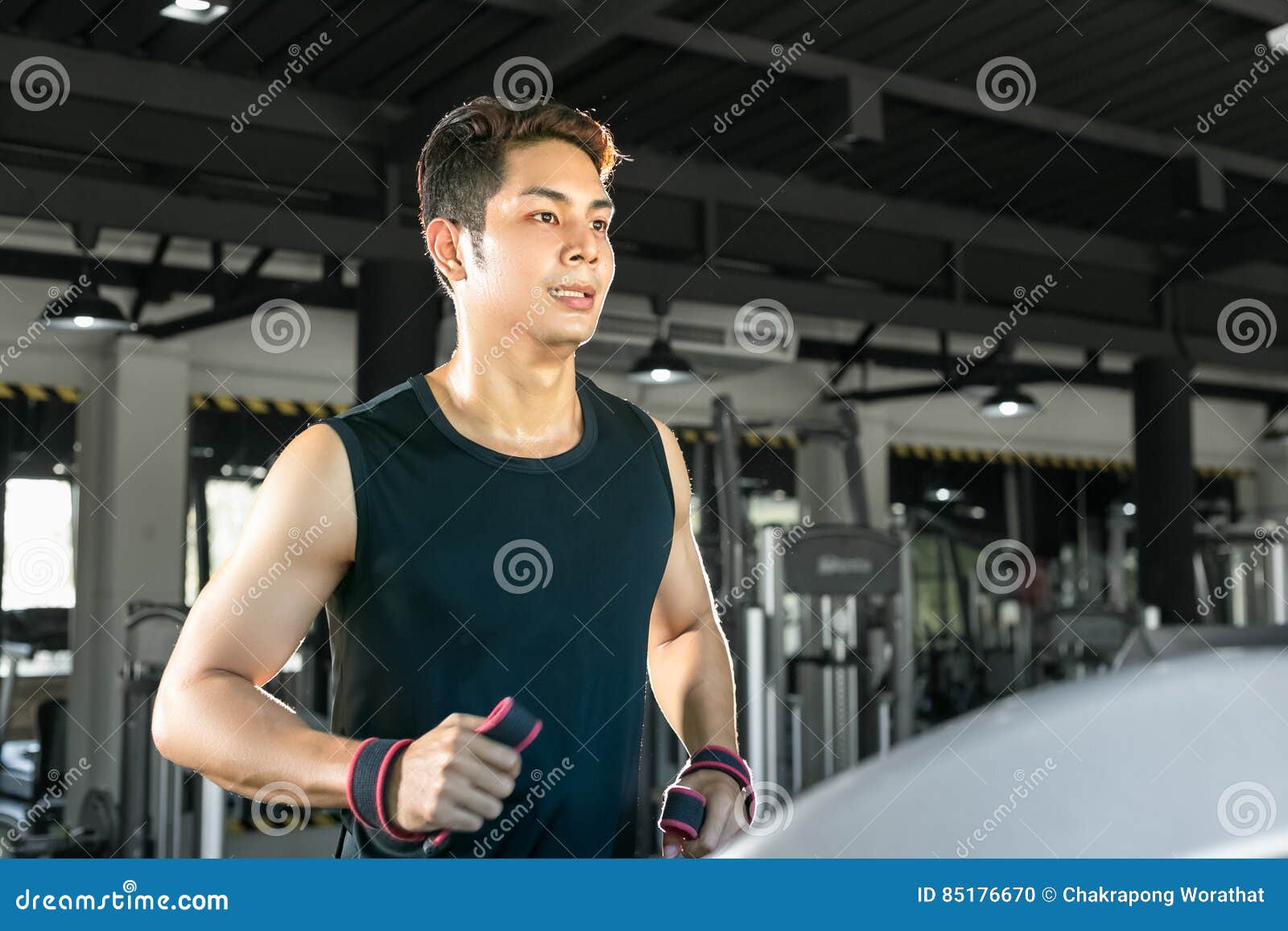 Smart Man Running on Treadmill in Gym. Stock Photo - Image of happy ...