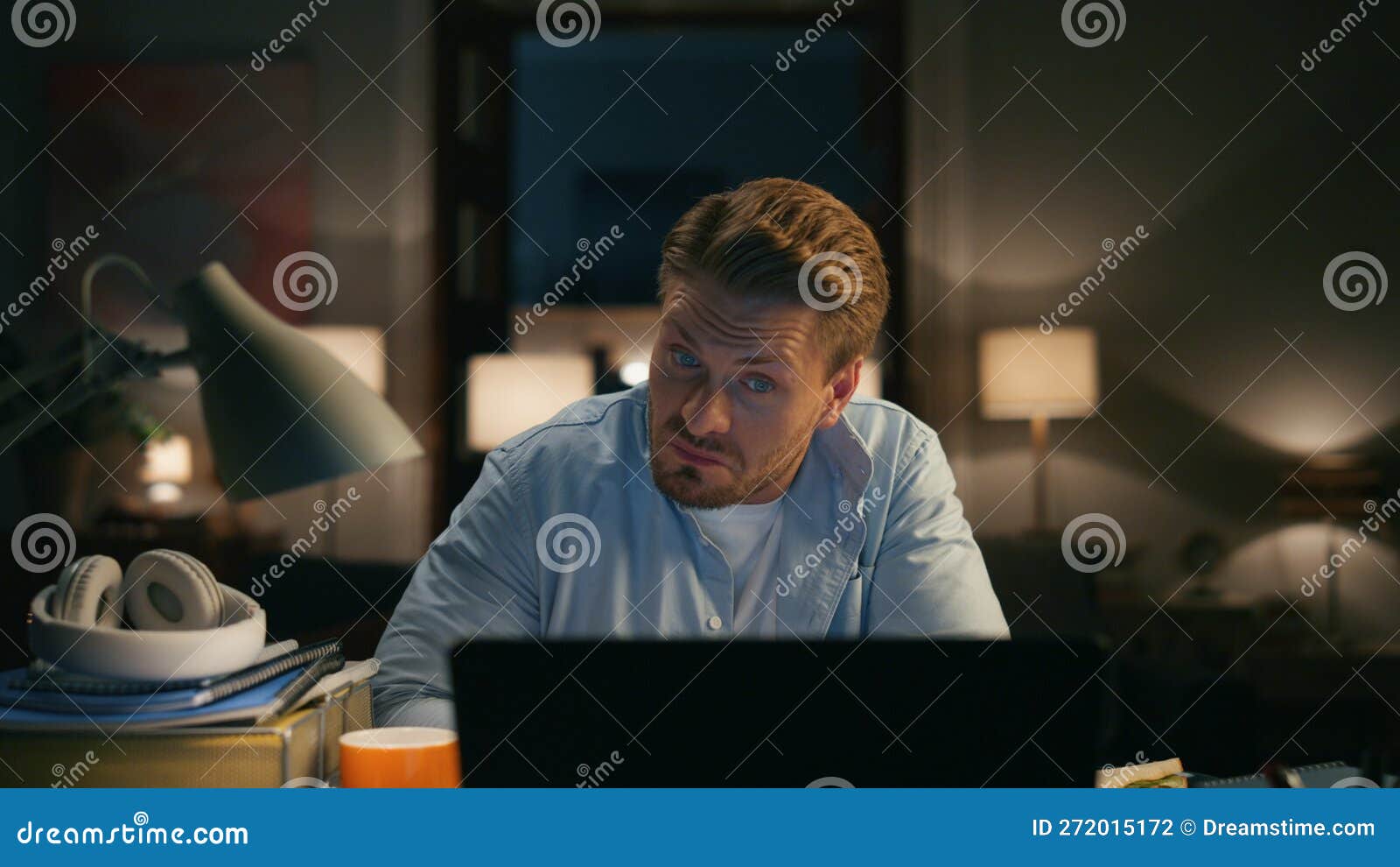 Smart Man Talking Videocall Computer at Workplace Closeup. Guy Waving ...