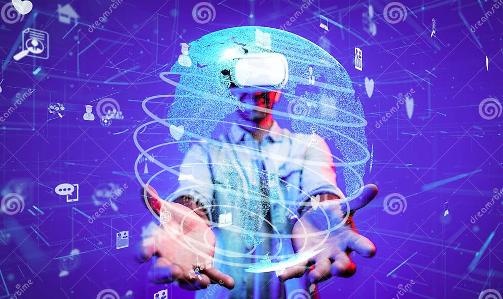 Skilled Man Using VR Goggle To Connect Global Network Connection ...