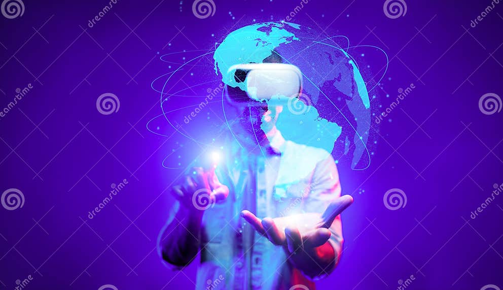 Skilled Man Using VR Goggle To Connect Global Network Connection ...