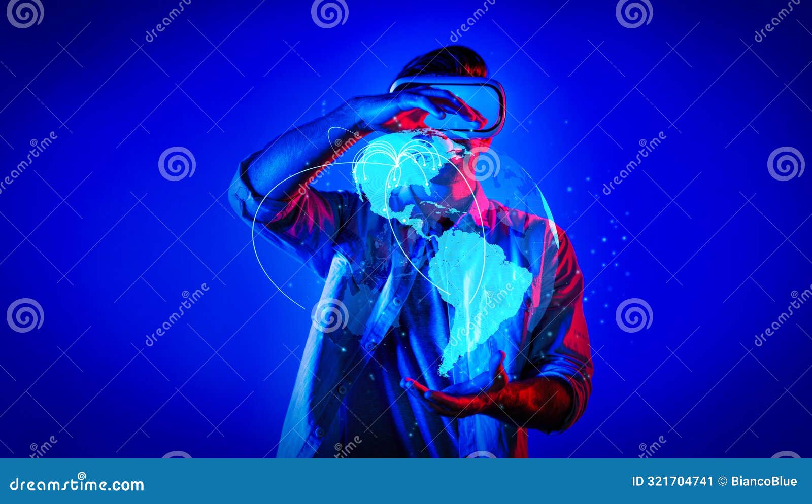 Skilled Man Using VR Goggle To Connect Global Network Connection ...