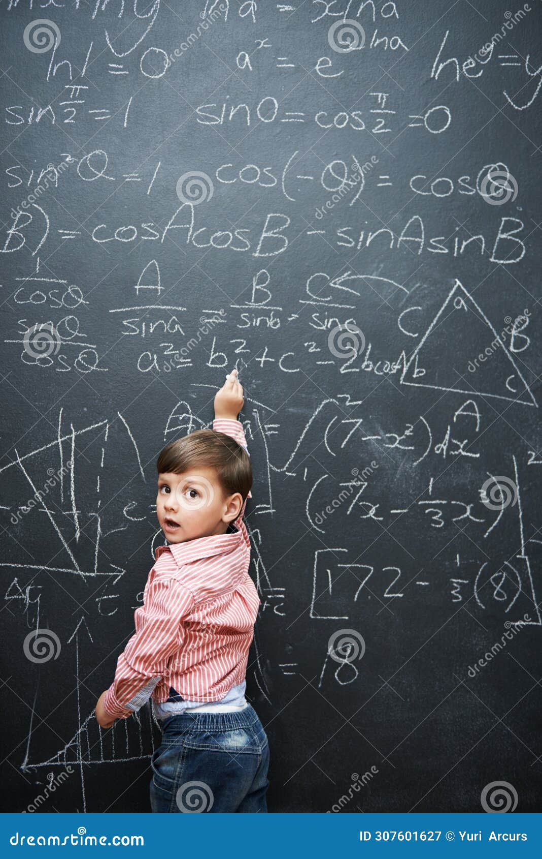 Smart, Math and Child Writing on Chalkboard in School or Classroom for ...