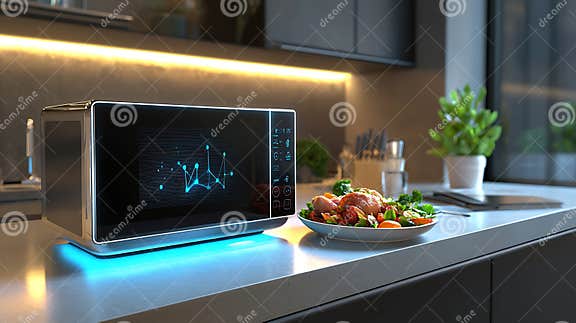 Smart Microwave Oven with Digital Display in Modern Kitchen Stock ...
