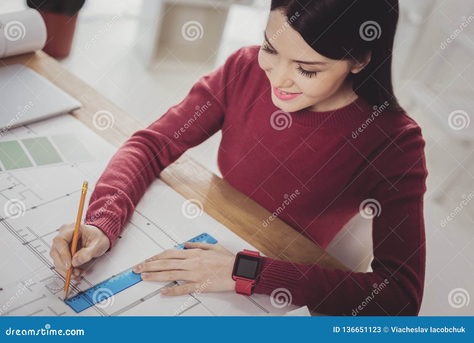 Smart Nice Woman Doing a Drawing Stock Image - Image of casual ...