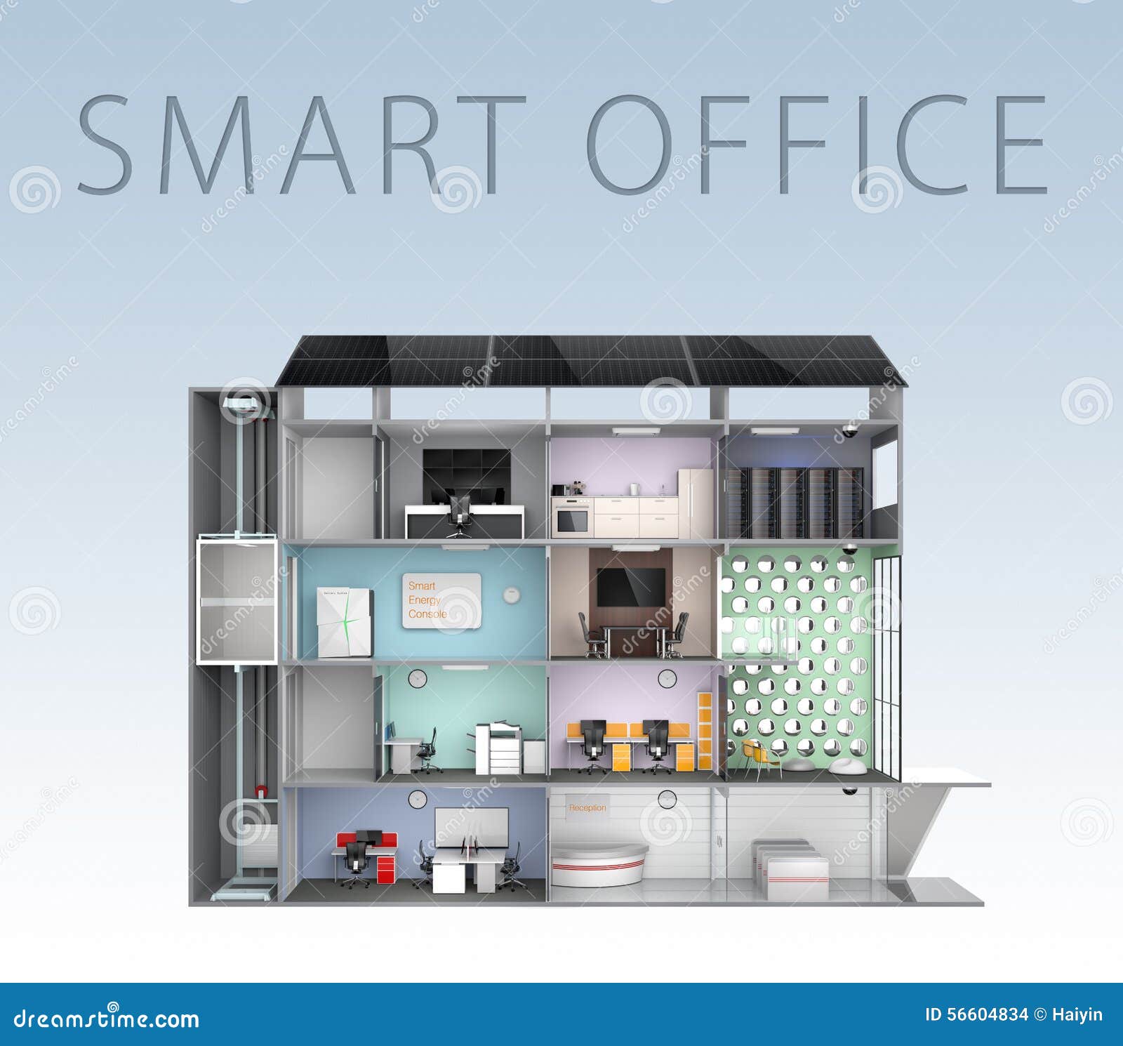 Smart Office Concept. Energy Support by Solar Panel, Storage To Battery ...