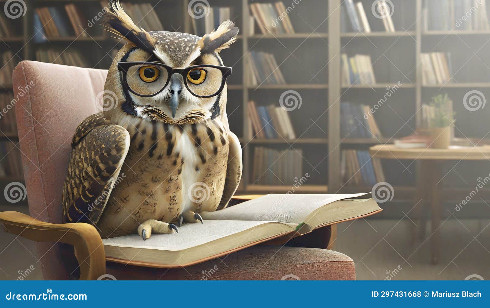 Owl with book in library stock illustration. Illustration of wisdom ...