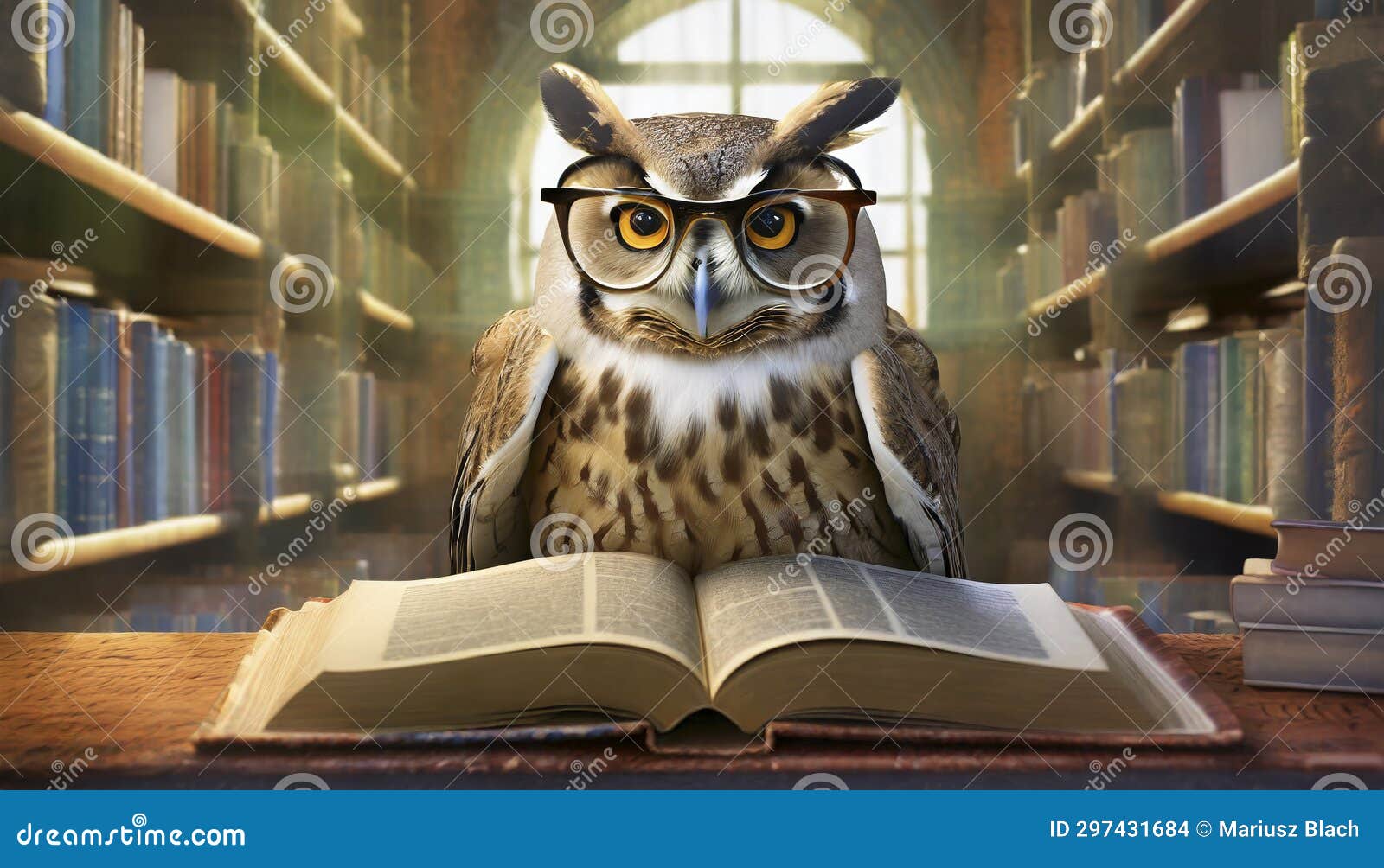 Owl with book in library stock illustration. Illustration of study ...