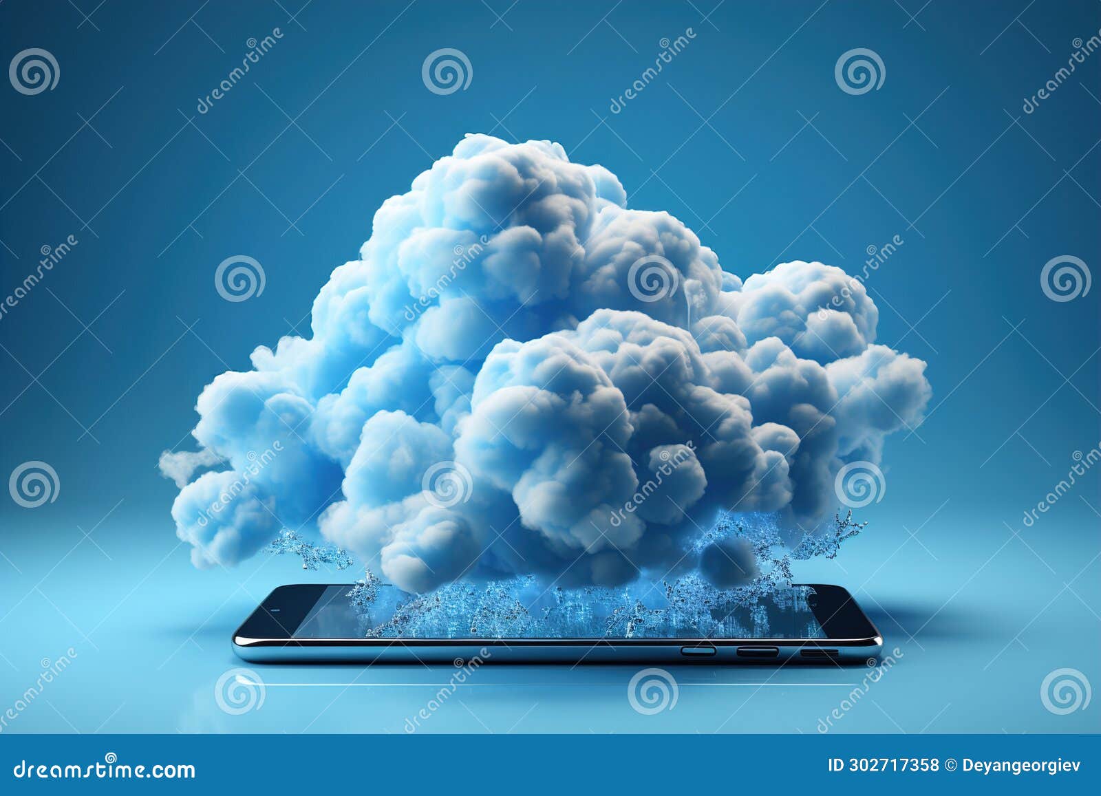 Smart Phone on Blue Base. Clouds Floating from the Screen Stock ...