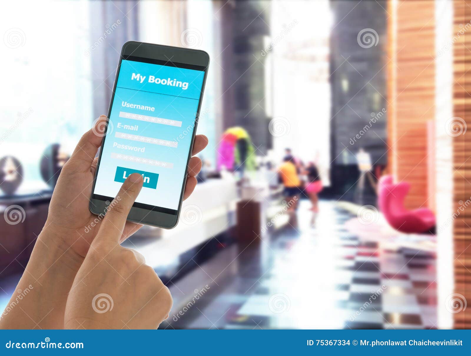 Smart phone Booking hotel. stock photo. Image of apartment - 75367334