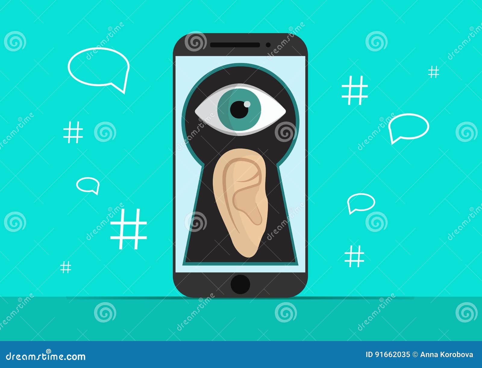 Smart Phone with Ear and Eye on Creen.Background with Simple Line Style ...